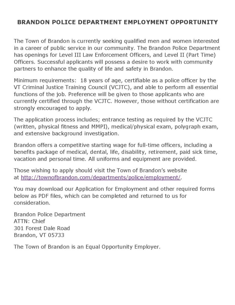 BRANDON POLICE DEPARTMENT OPENING - Brandon, VT